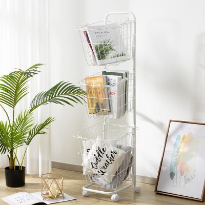 China Bathroom 3 Tier Iron Wire Mesh Dirty Clothes Basket Removable Push Pull Laundry Holder with Wheels Toilet Trolley Storage Rack for sale