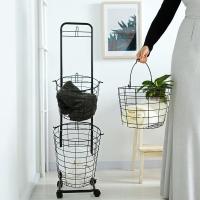 China Bathroom 3 Tier Iron Wire Mesh Dirty Clothes Basket Removable Push Pull Laundry Holder with Wheels Toilet Trolley Storage Rack for sale