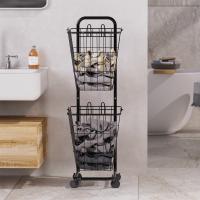 China Bathroom 3 Tier Iron Wire Mesh Dirty Clothes Basket Removable Push Pull Laundry Holder with Wheels Toilet Trolley Storage Rack for sale