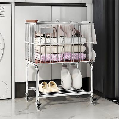 China Bathroom 2 Tier Dirty Clothes Stands Shoe Rack Laundry Storage Organization Baskets with Wheels Trolley Hollow Snack Cart Shelf for sale