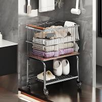 China Bathroom 2 Tier Dirty Clothes Stands Shoe Rack Laundry Storage Organization Baskets with Wheels Trolley Hollow Snack Cart Shelf for sale