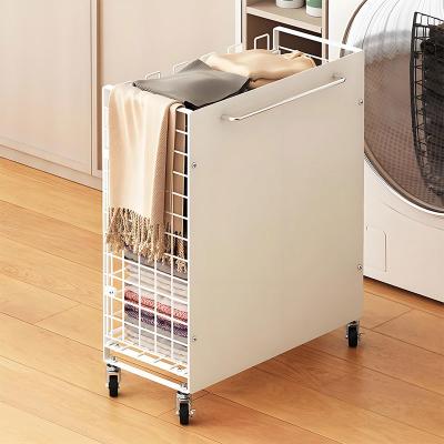 China Large Capacity Home Hamper Organizer Bathroom Laundry Basket Rack with Wheels Metal Storage Shelf for Dirty Clothes Trolley for sale