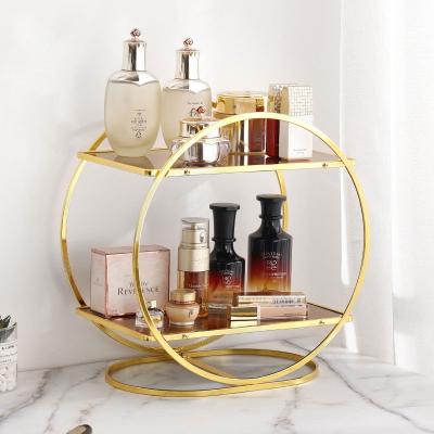 China Round 2 Tier Cosmetics Storage Shelf Dresser Desktop Metal Large-capacity Perfume Display Holder Makeup Brush Lipstick Organizer for sale
