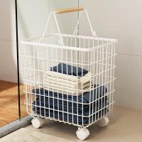 China Iron Wire Laundry Hamper With Rolling Wheels Free Standing Storage Basket Dirty Clothes Cart Sorter Bathroom Washing Organizers for sale