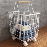China Iron Wire Laundry Hamper With Rolling Wheels Free Standing Storage Basket Dirty Clothes Cart Sorter Bathroom Washing Organizers for sale