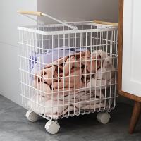 China Iron Wire Laundry Hamper With Rolling Wheels Free Standing Storage Basket Dirty Clothes Cart Sorter Bathroom Washing Organizers for sale