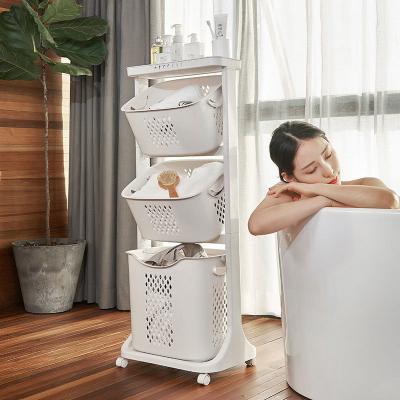 China 3 Tier Plastic with Wheels Bathroom for Stacking Dirty Clothes Laundry Basket Bins Removable Rolling Box Portable Sundries Rack for sale