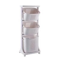 China 3 Tier Plastic with Wheels Bathroom for Stacking Dirty Clothes Laundry Basket Bins Removable Rolling Box Portable Sundries Rack for sale