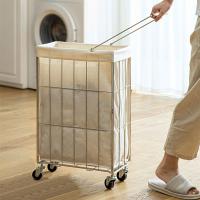 China 201 Stainless Steel Mobile Laundry Basket with Handles Foldable Narrow Dirty Clothes Storage Cart for Bathroom & Washing Room for sale