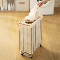 China 201 Stainless Steel Mobile Laundry Basket with Handles Foldable Narrow Dirty Clothes Storage Cart for Bathroom & Washing Room for sale
