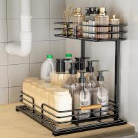 China 2 Tier Black Under Sink Organizer Metal Pull Out Kitchen Cabinet Bathroom Storage Rack Cleaning Supply Shelf with Sliding Basket for sale