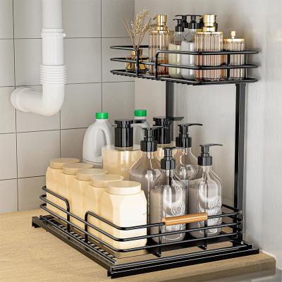 China 2 Tier Black Under Sink Organizer Metal Pull Out Kitchen Cabinet Bathroom Storage Rack Cleaning Supply Shelf with Sliding Basket for sale