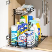 China 2 Tier Black Under Sink Organizer Metal Pull Out Kitchen Cabinet Bathroom Storage Rack Cleaning Supply Shelf with Sliding Basket for sale