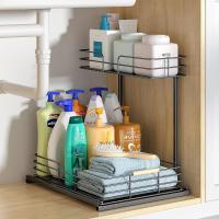 China 2 Tier Black Under Sink Organizer Metal Pull Out Kitchen Cabinet Bathroom Storage Rack Cleaning Supply Shelf with Sliding Basket for sale