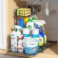 China 2 Tier Black Under Sink Organizer Metal Pull Out Kitchen Cabinet Bathroom Storage Rack Cleaning Supply Shelf with Sliding Basket for sale