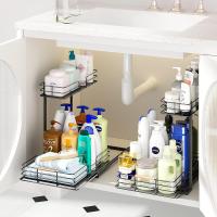 China 2 Tier Black Under Sink Organizer Metal Pull Out Kitchen Cabinet Bathroom Storage Rack Cleaning Supply Shelf with Sliding Basket for sale