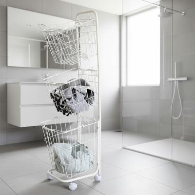China Steel Withhandle 3 Tier Bathroom Removable Metal Wire Dirty Clothes Separating Basket Cart Portability Laundry Storage Holder for sale