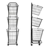 China Steel Withhandle 3 Tier Bathroom Removable Metal Wire Dirty Clothes Separating Basket Cart Portability Laundry Storage Holder for sale