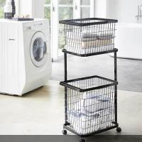 China Bathroom Metal Wire Frame Layered Organization Rack 2 Tier With Wheels Dirty Clothes Basket Removable Laundry Storage Cart for sale