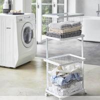 China Bathroom Metal Wire Frame Layered Organization Rack 2 Tier With Wheels Dirty Clothes Basket Removable Laundry Storage Cart for sale