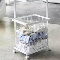 China Bathroom Metal Wire Frame Layered Organization Rack 2 Tier With Wheels Dirty Clothes Basket Removable Laundry Storage Cart for sale