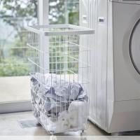 China New Standing Type Metal Wire Frame Laundry Storage Cart Dirty Clothes Basket for Bathroom Organization Fruit/Vegetable Holder for sale