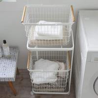 China New Home 2 Tier Wooden Handle Dirty Clothes Basket With Wheels Metal Wire Frame Laundry Storage Cart Bathroom Organization Rack for sale