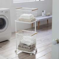 China New Home 2 Tier Wooden Handle Dirty Clothes Basket With Wheels Metal Wire Frame Laundry Storage Cart Bathroom Organization Rack for sale
