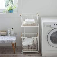 China New Home 2 Tier Wooden Handle Dirty Clothes Basket With Wheels Metal Wire Frame Laundry Storage Cart Bathroom Organization Rack for sale