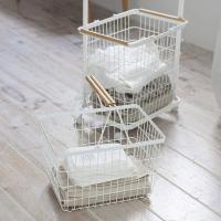 China New Home 2 Tier Wooden Handle Dirty Clothes Basket With Wheels Metal Wire Frame Laundry Storage Cart Bathroom Organization Rack for sale