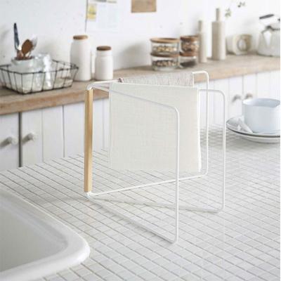 China Steel No Installation Foldable Wooden Handle Three Bar Design Bathroom Mesa Towel Rack Rag Dishcloth Hanging Holder Organizer for sale