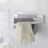 China Steel Bathroom Shelves 3 Rods Folding Free Drilling Pool Towel bar Rack 180 Degree Rotating Wall Mounted Clothing Storage Holder for sale