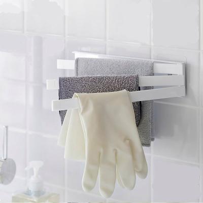 China Steel Bathroom Shelves 3 Rods Folding Free Drilling Pool Towel bar Rack 180 Degree Rotating Wall Mounted Clothing Storage Holder for sale