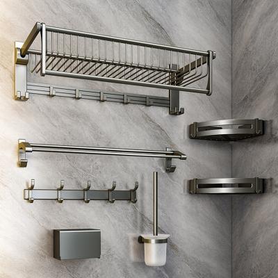 China Accessories Toilet Brush Tissue Paper Roll Storage Holders for Bathrooms hang Folding Towel Organizer Dry Rack Set 6 Piece Grey for sale