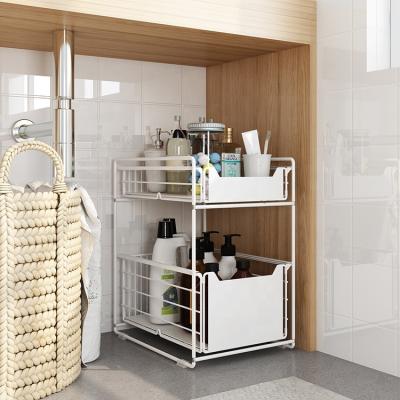 China Upgraded Foldable Push-pull Metal Double-layer Bathroom Storage Organizer Under Sink Storage Rack for Kitchen Cabinet Countertop for sale