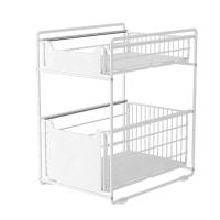 China Upgraded Foldable Push-pull Metal Double-layer Bathroom Storage Organizer Under Sink Storage Rack for Kitchen Cabinet Countertop for sale