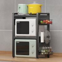 China Expandable Microwave Shelf 2 Tier Oven Stand with Hooks Bakers Rack Kitchen Countertop Cutlery Accessories Tool Organiser Holder for sale