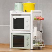 China Expandable Microwave Shelf 2 Tier Oven Stand with Hooks Bakers Rack Kitchen Countertop Cutlery Accessories Tool Organiser Holder for sale