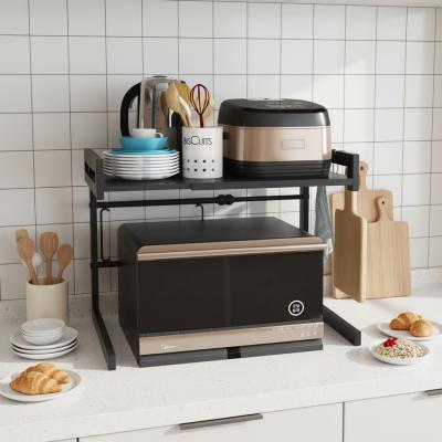 China High-Temperature L-Shaped Retractable Double Casual Foldable Detachable Microwave Oven Rack Anti-Rust Standing Iron Organizer for sale