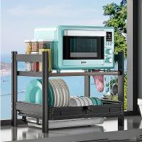 China Home Organizer Double-layer Metal Kitchen Storage Rack with Pull-out Basket Microwave Oven Rack for sale