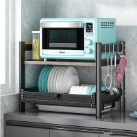China Home Organizer Double-layer Metal Kitchen Storage Rack with Pull-out Basket Microwave Oven Rack for sale
