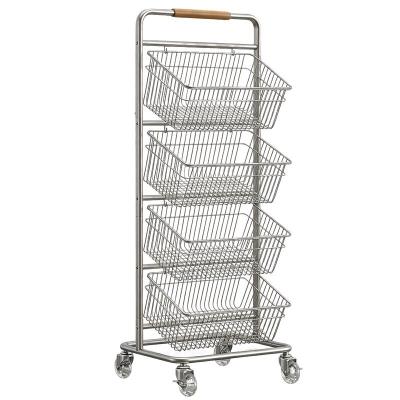 China Double Tier 304 Stainless Steel Modern Non-Folding Laundry Basket & Storage Rack Wheels Mobile Unit for Bathroom Balcony for sale