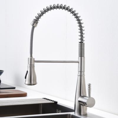 China Commercial Spring Spout Single Lever Kitchen Faucet 18/10 Stainless Steel PEX Hose 24hr Salt Spray Tested for sale