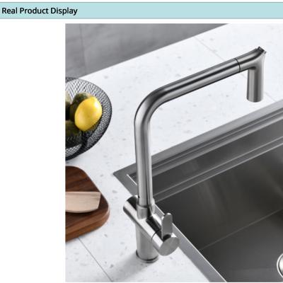 China Angled Spout Pull Out Mixer Tap 18/10 Stainless Steel Deck Mounted Kitchen Faucet with Dual Function Sprayer for sale
