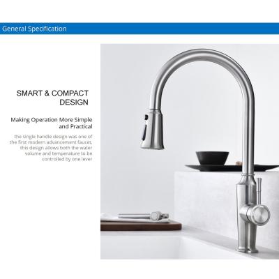 China Gooseneck Pull Down Kitchen Faucet 3 Mode Sprayhead Single Hole Deck Mounted 18/10 Stainless Steel 2073 for sale