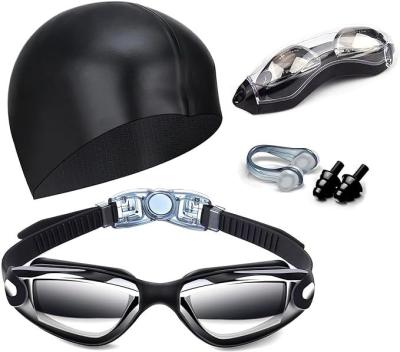 China Waterproof Anti-fog UV Protection Swimming Goggles for Adults with Silicone Head Caps and Earplugs for sale