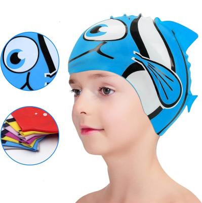 China Cartoon Design Silicone Swim Cap for Kids Ages 3-10 Waterproof Eco-Friendly Swimming Training Cap for sale