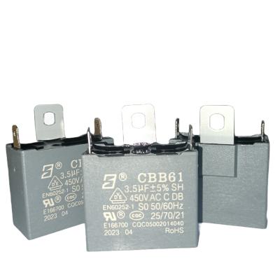 China CBB61 Fan Capacitor 450V 3.5UF Film Capacitor RoHS 25 / 70 / 21 Stralght Lug for sale