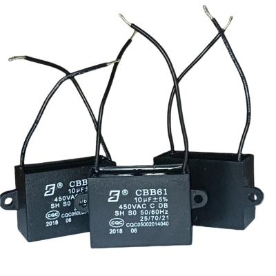 China CBB61 450V 10mfd 100 Line Length Ceiling Fan Capacitor Plastic Triangles With Locating Holes for sale