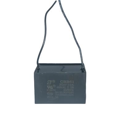 China Single Phase CBB61 450V 20mfd 120 Line Length Ceiling Fan Capacitor With Plastic Triangle for sale